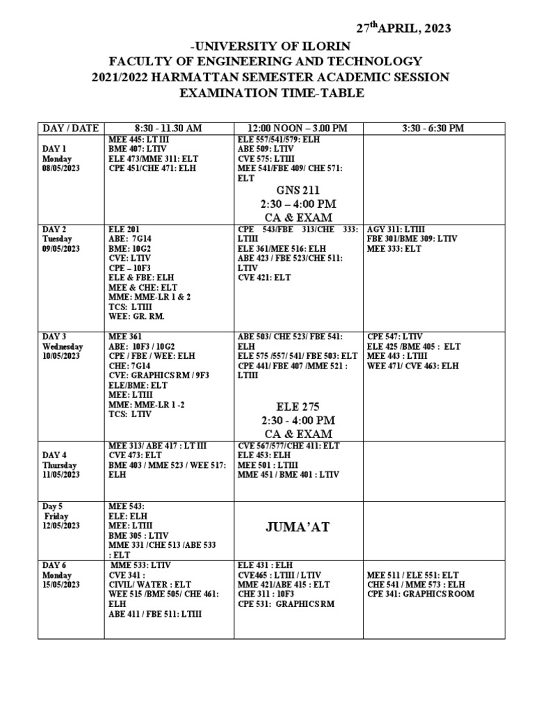 Fet - Harmattan Semester Examination Timetable 2021-22 PDF | Download ...