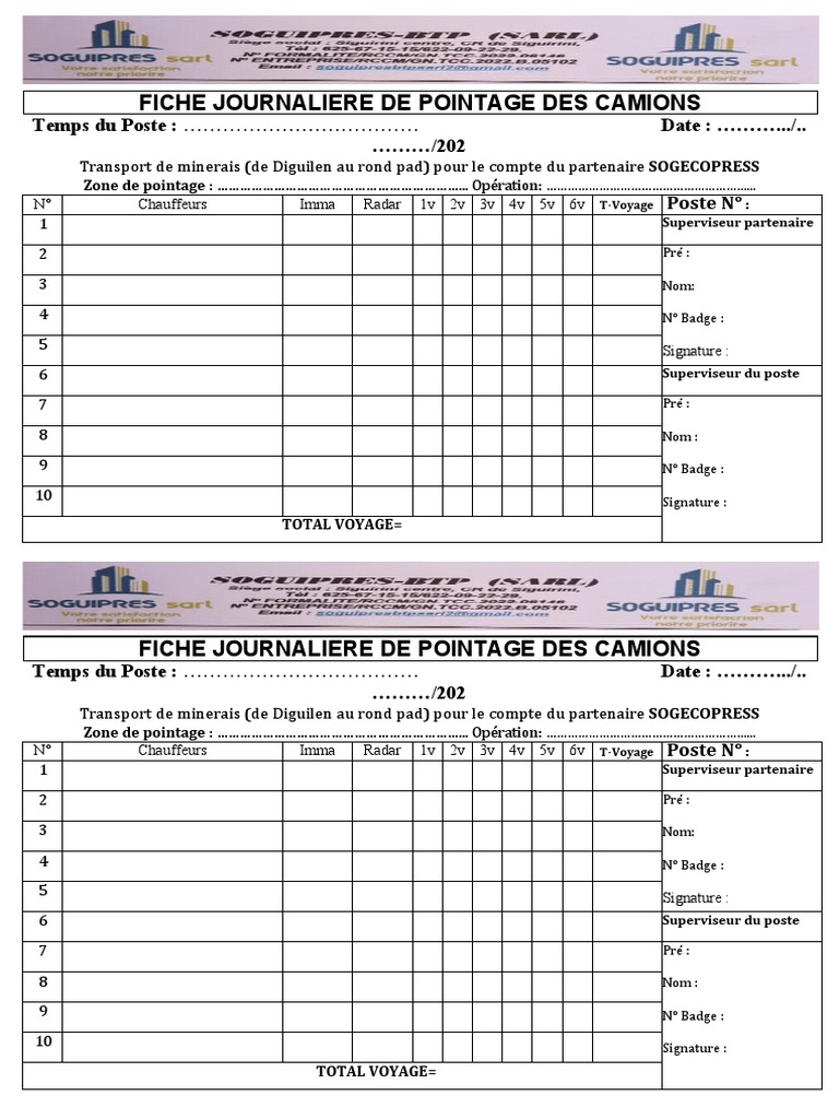 Fiche de Pointage Camions Journalier | PDF