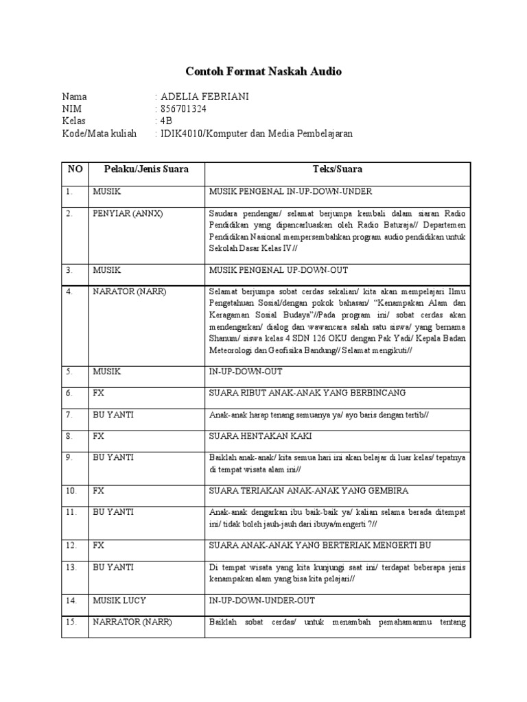 Naskah Audio Adelia Febriani - 856701324 | PDF