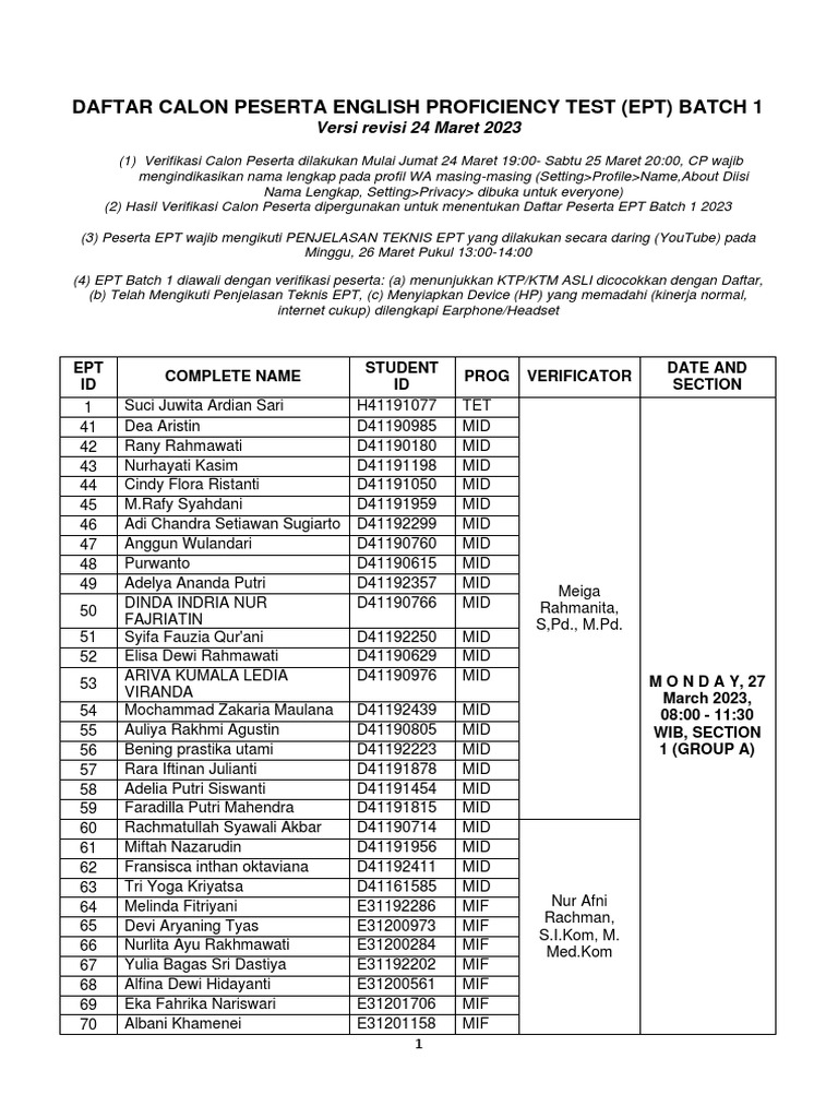 Peserta Dan Jadwal EPT BATCH 1 2023 Revised | PDF