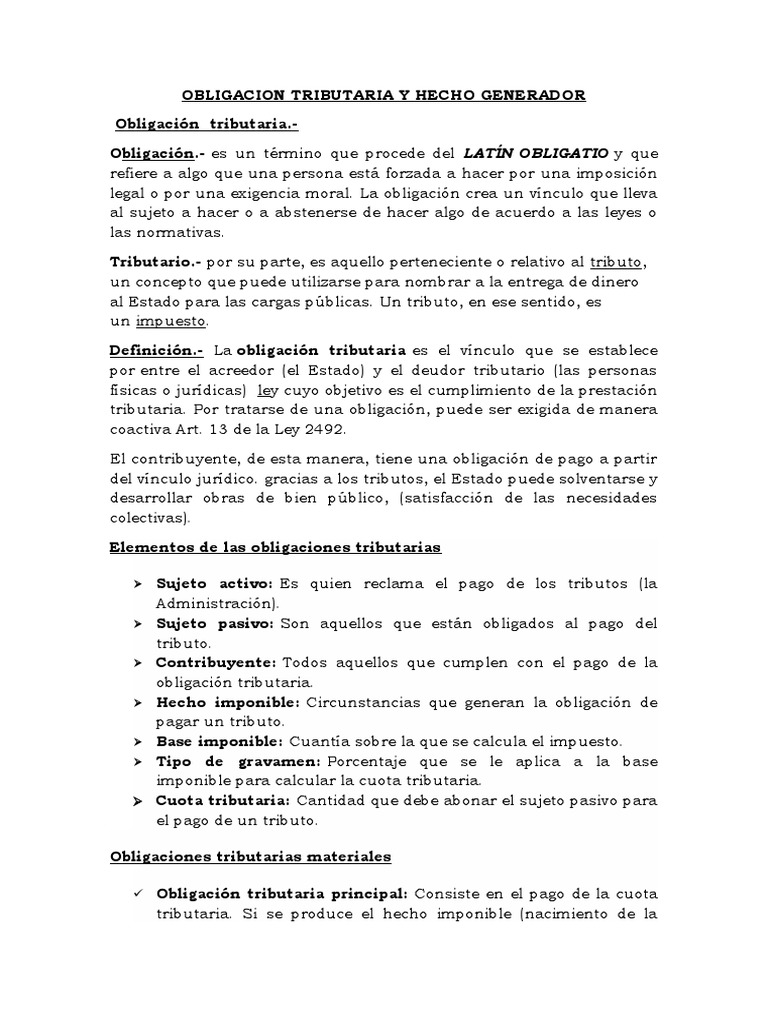 Tema 9 Obligacion Tributaria y Hecho Generador | PDF | Pagos | Impuestos