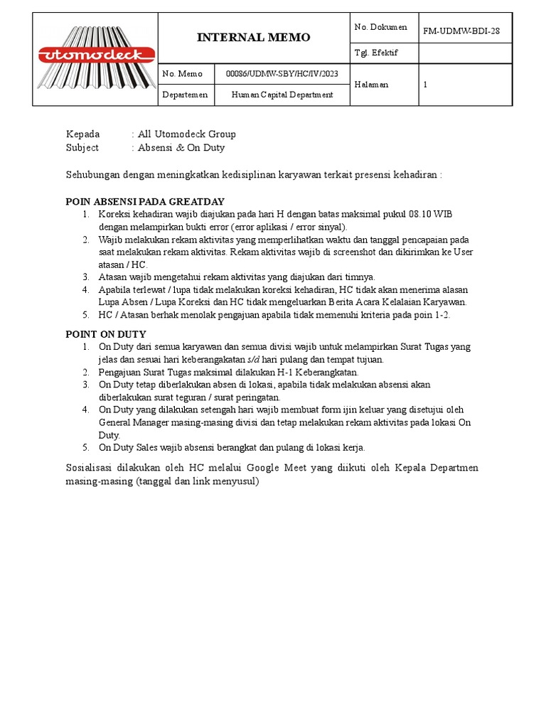 Internal Memo Absen & On Duty | PDF
