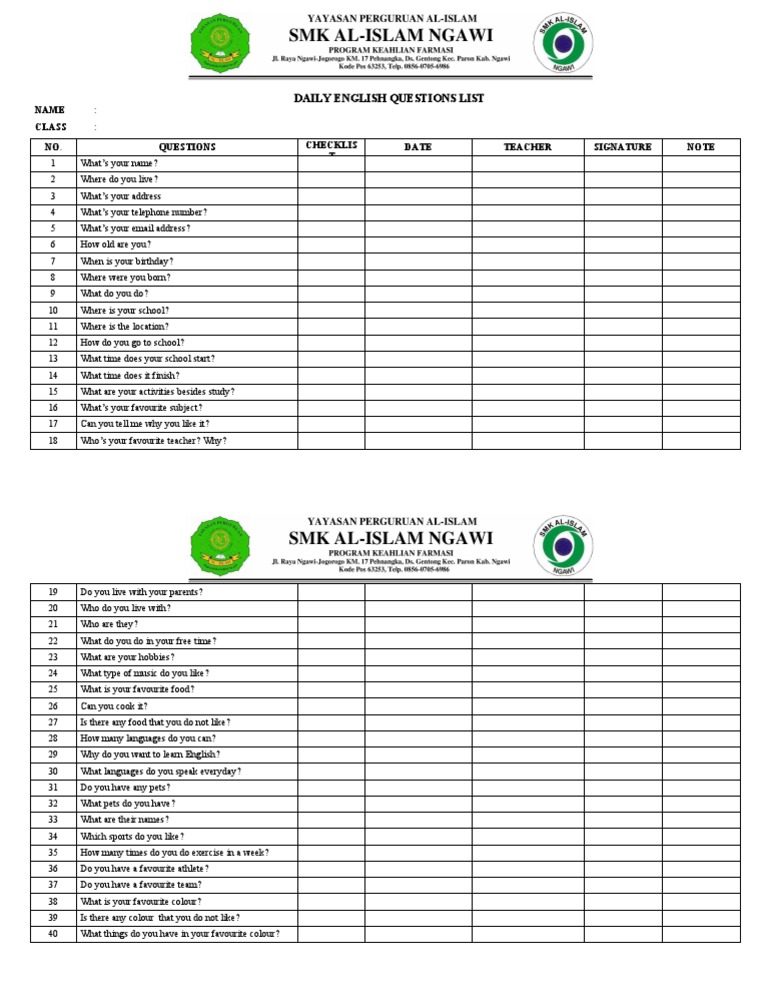 Daily English Questions List | PDF