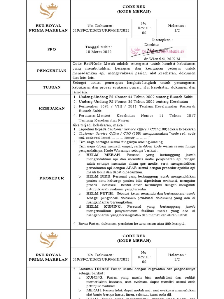 Prosedur Kode Merah Kebakaran RSU | PDF