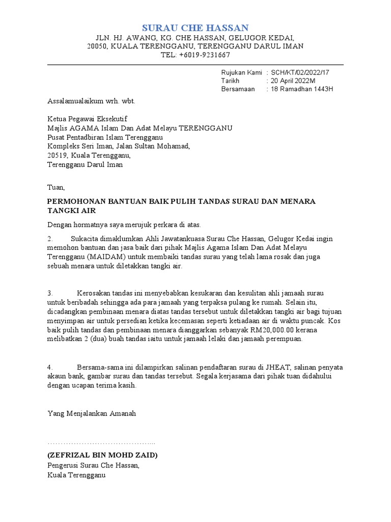 Surat Permohanan Bantuan Surau Pdf