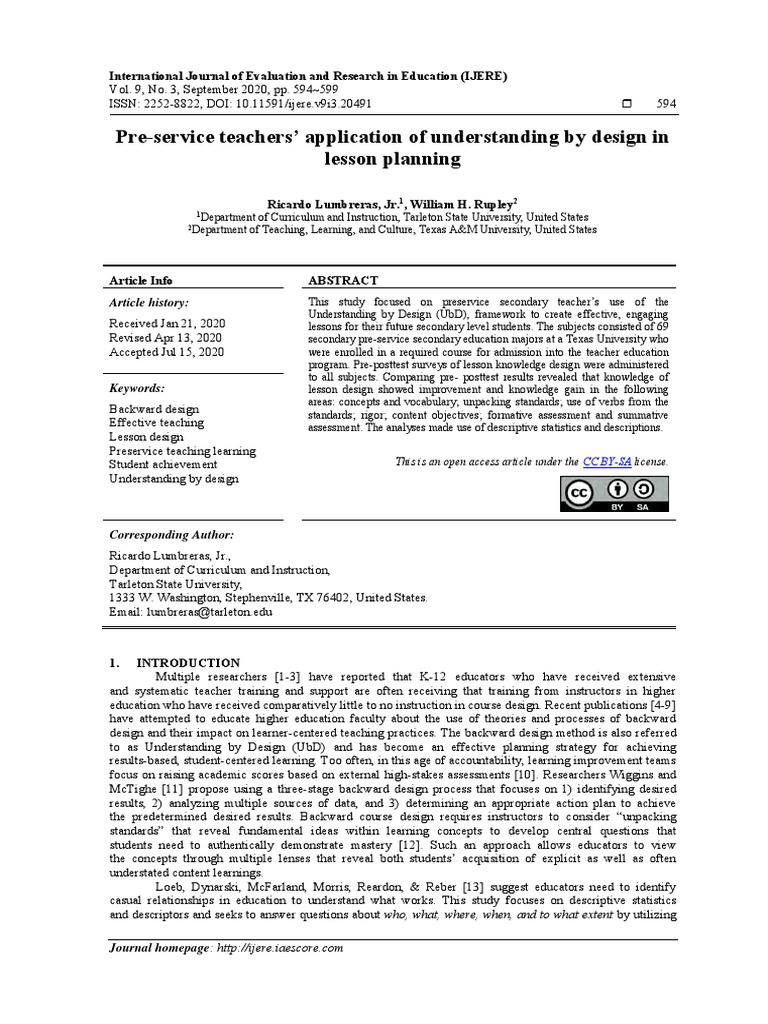 Pre-Service Teachers' Application of Understanding by Design in Lesson ...