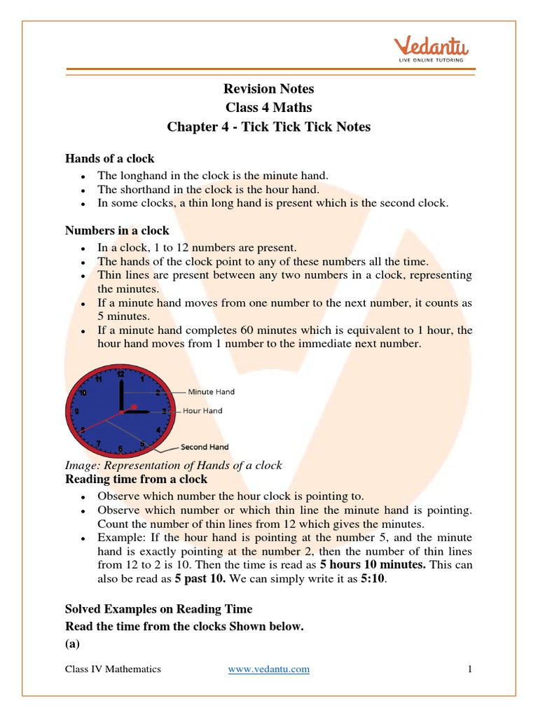 Class 4 Maths: Tick Tick Tick Notes | PDF | Hour | Clock
