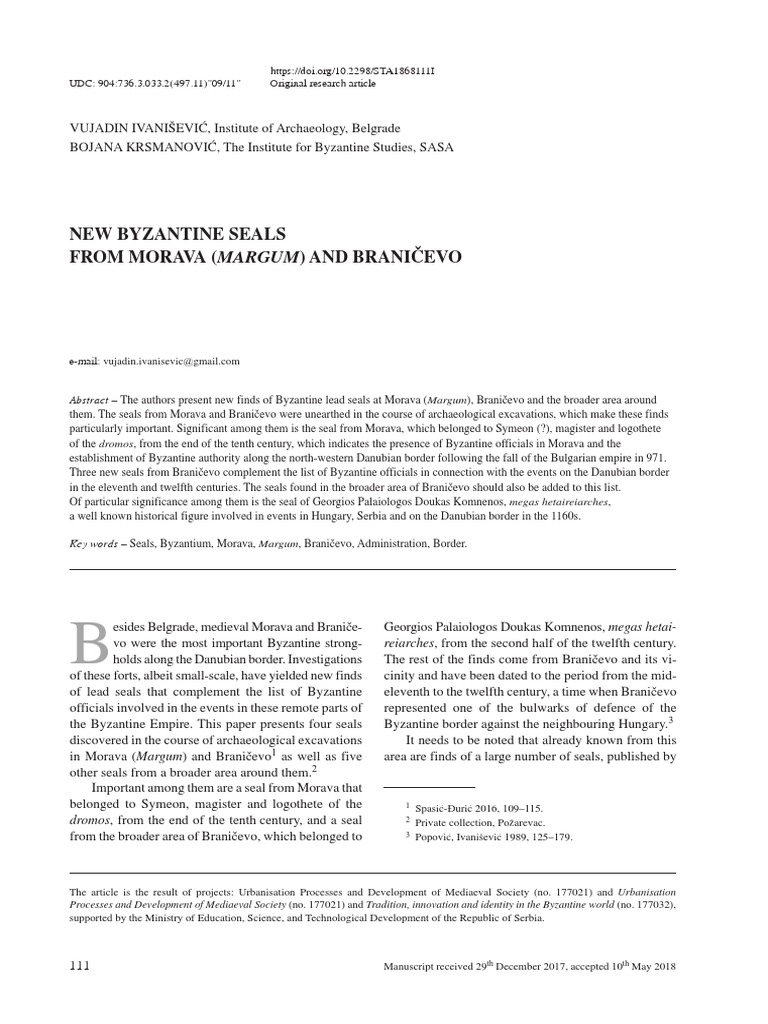 New Byzantine Seals From Morava (Margum) and Brani Evo | PDF | Byzantine Empire