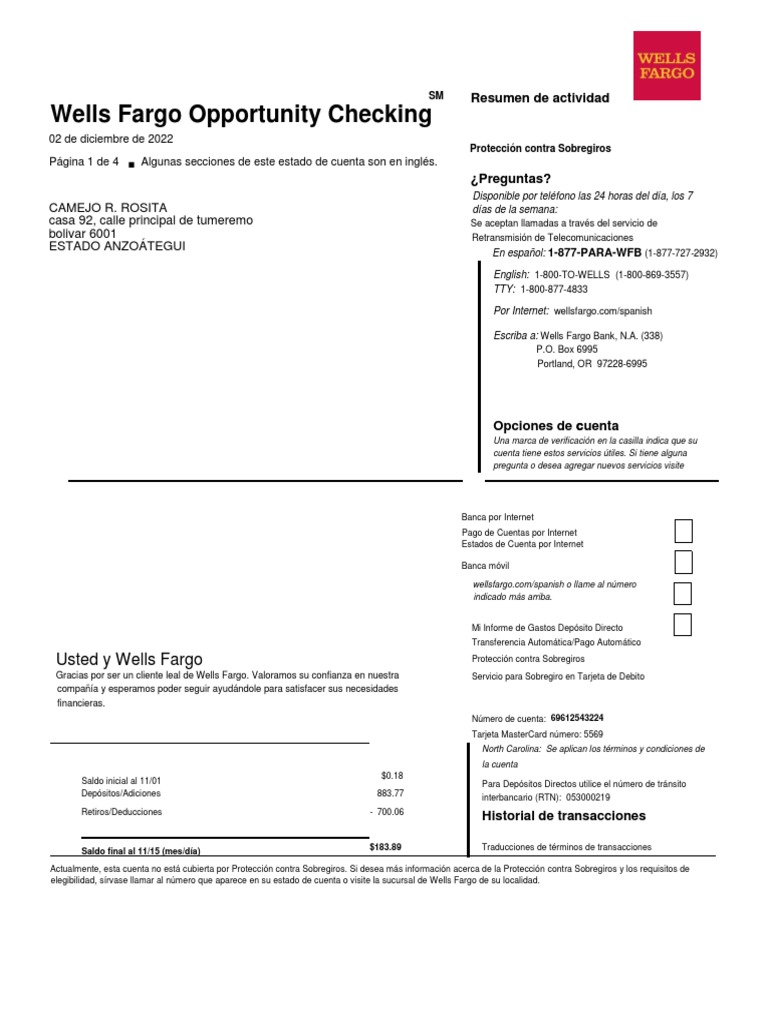 Wells Fargo Account Statement ROSITA C. | PDF