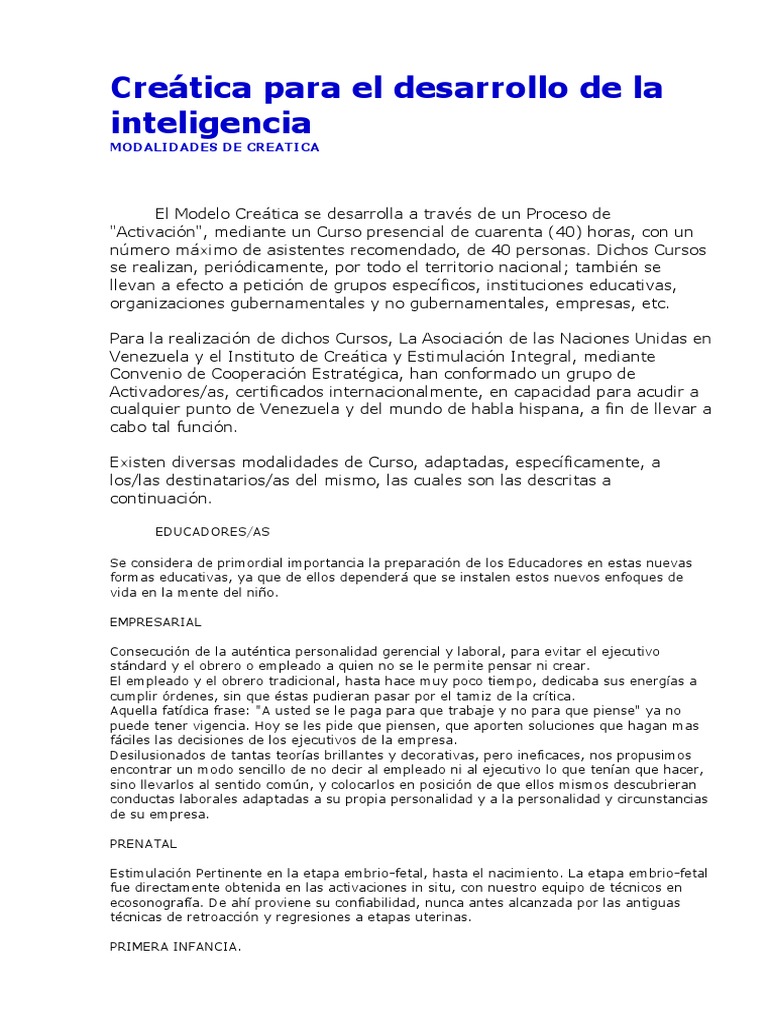 Creática para El Desarrollo de La Inteligencia - Modalidades de Creatica | PDF | Pensamiento ...