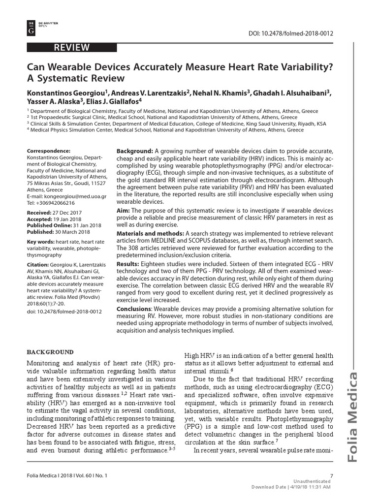 Systematic Review Wearable Devices Accurately Heart Rate Variability, 2018 | PDF