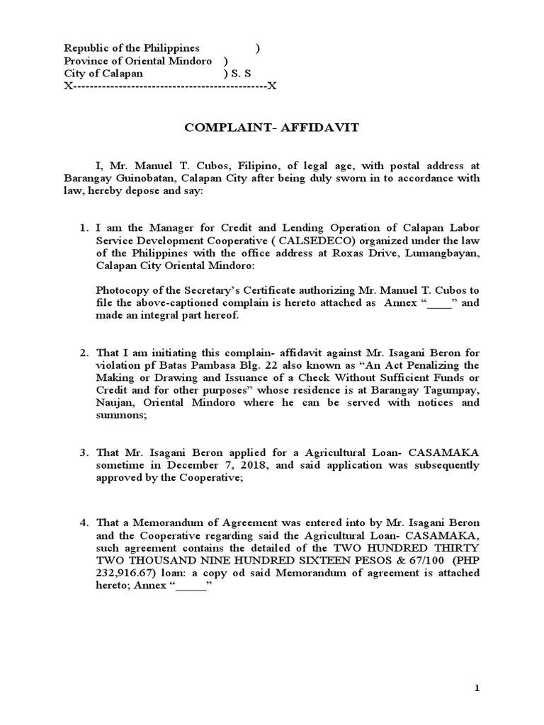 Complain Affidavit - BP 22 | PDF