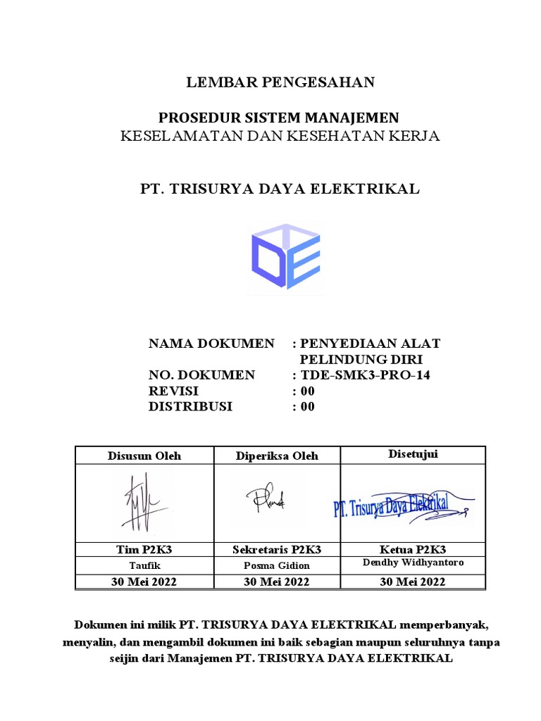 B.17 SOP Penyediaan APD (TDE-SMK3-PRO-14) | PDF