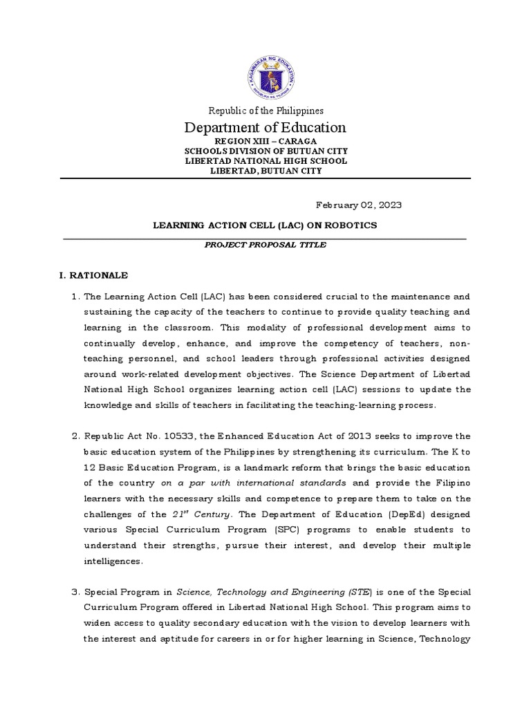 Proposal-for-LAC-on-Robotics-Science-Dept-Libertad-NHS | PDF