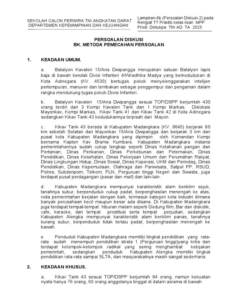 6b. Lampiran 2 Soal Diskusi-1 MPP Diktukpa TA 2023 YON KAV 15-AD | PDF