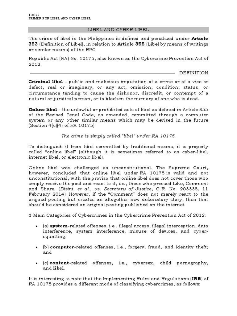 Primer For Libel and Cyber Libel PDF | PDF | Defamation | Cybercrime