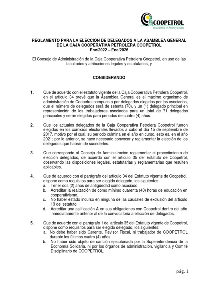 Reglamento Elección Delegados Coopetrol | PDF | Votación | Elecciones