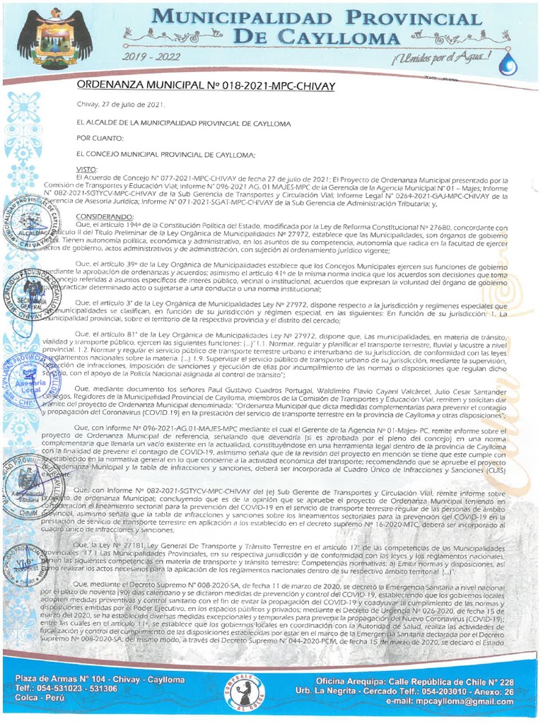 Ordenanza Municipal #018 2021 MPC Chivay | PDF