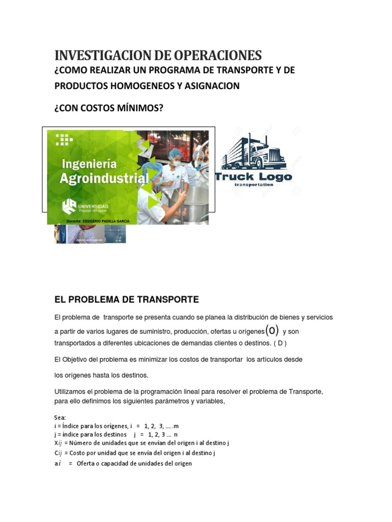6.TRANSPORTE Y ASIG Procedimiento aplicacionOK PDF | PDF | Programación lineal | Algoritmos