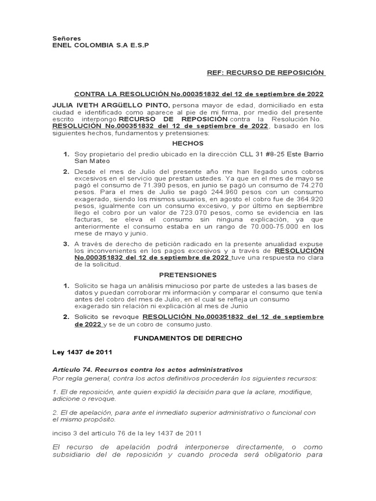 Recurso de Reposición Enel Colombia | PDF | Apelación | Justicia