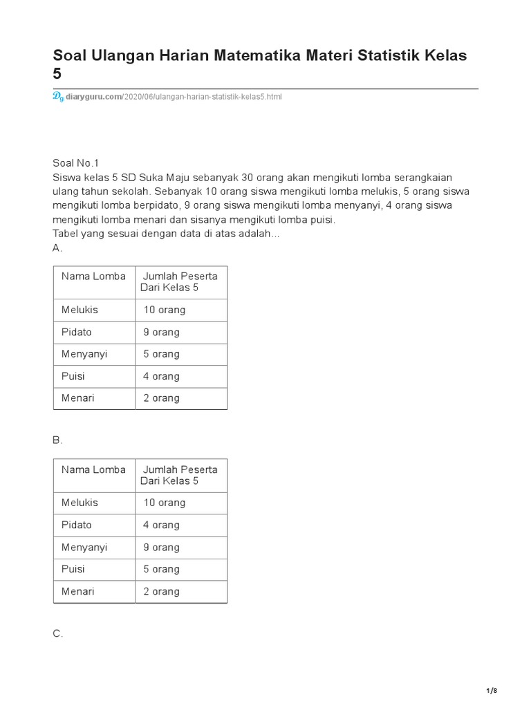 Latihan Soal Penyajian Data Kelas 5 - 2 | PDF
