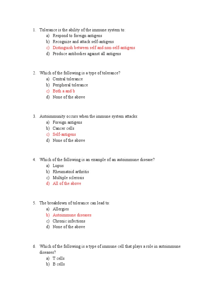 MCQs on Immune Tolerance and Autoimmunity | PDF
