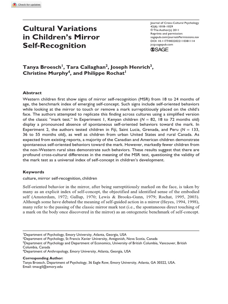 Broesh Et Al. Cultural Variations in Children's Mirror Self-Recognition ...