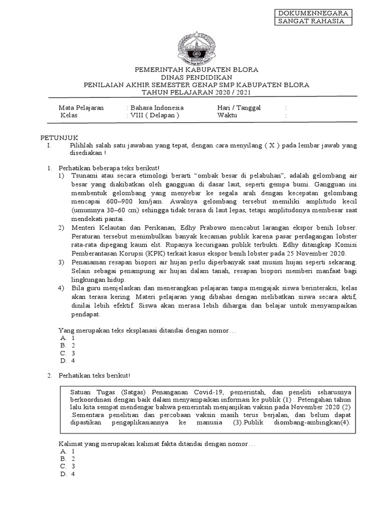 Soal Ukk B. Indo KLS 8 2021 | PDF | Sains & Matematika