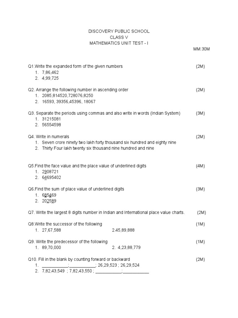 CLass V Maths Paper | PDF