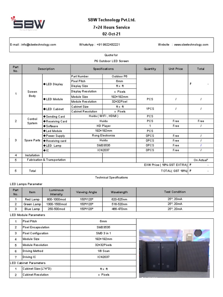 P6 Outdoor LED Screen Specifications | PDF | Pixel | Display Resolution