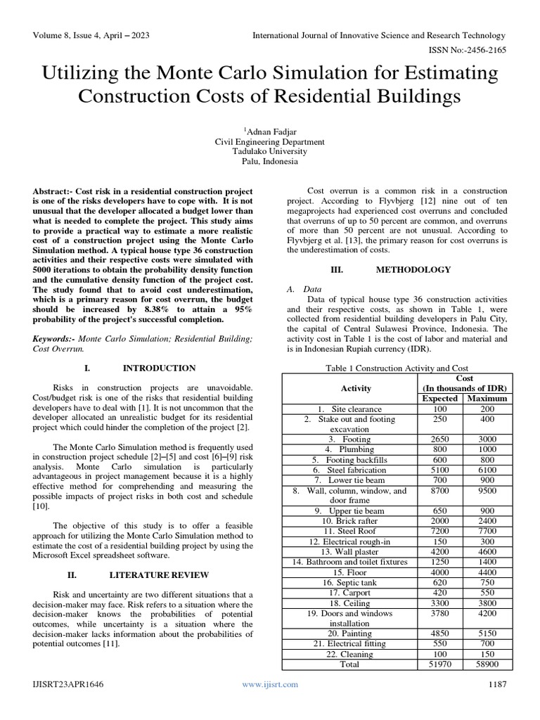Monte Carlo Simulation for Estimating Residential Construction Costs | PDF