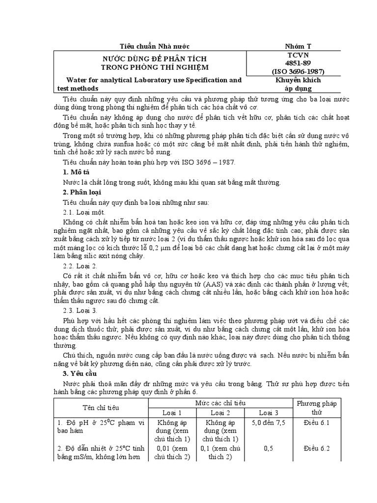 TCVN 48511989 (ISO 3696-1987) nước dùng để phân tích trong phòng thí ...