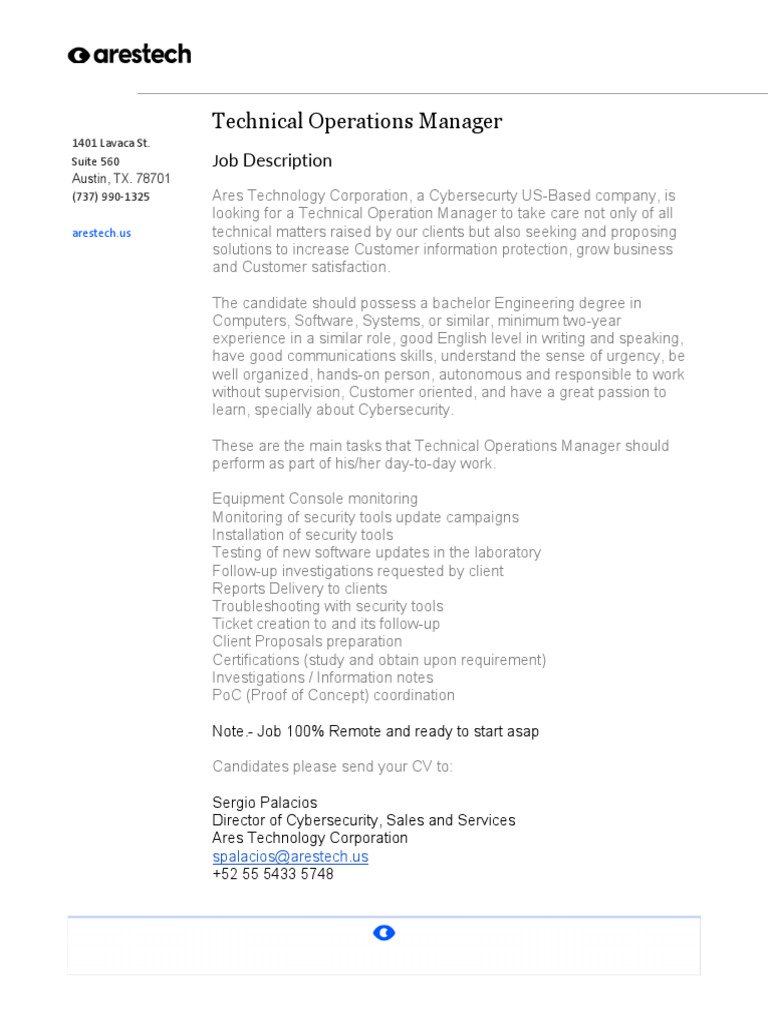 Technical Operations Manager - Job Description | PDF