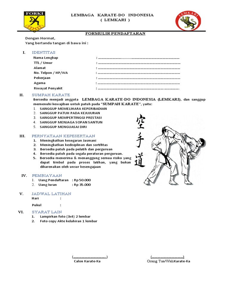 Formulir Pendaftaran Karate LEMKARI | PDF
