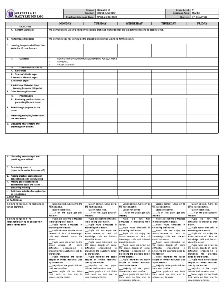 DLL - Mapeh 5 - Q3 | PDF | Differentiated Instruction | Learning