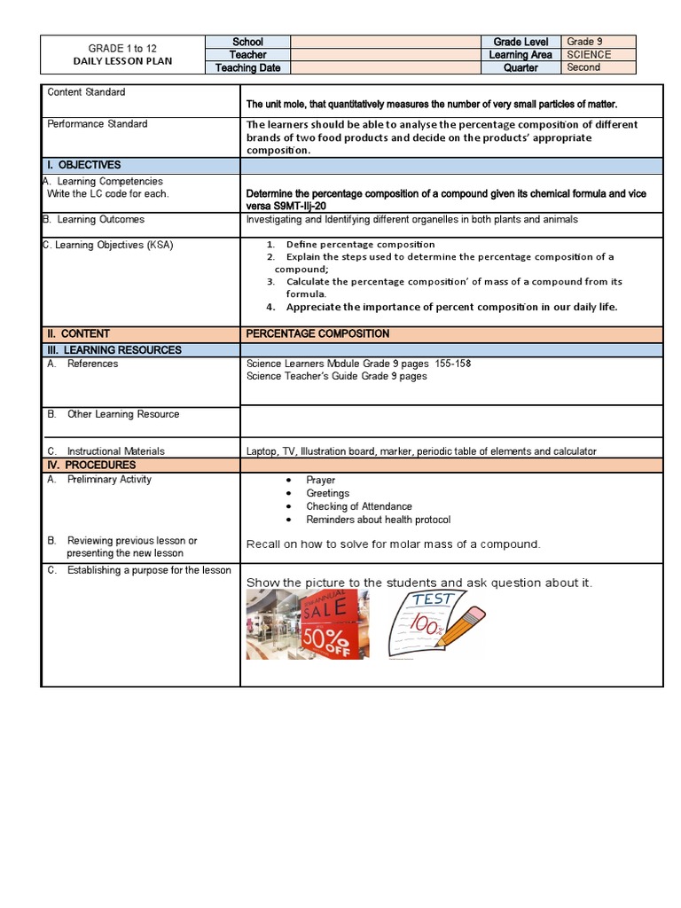 Percentage Composition Lesson Plan Pdf Learning Percentage
