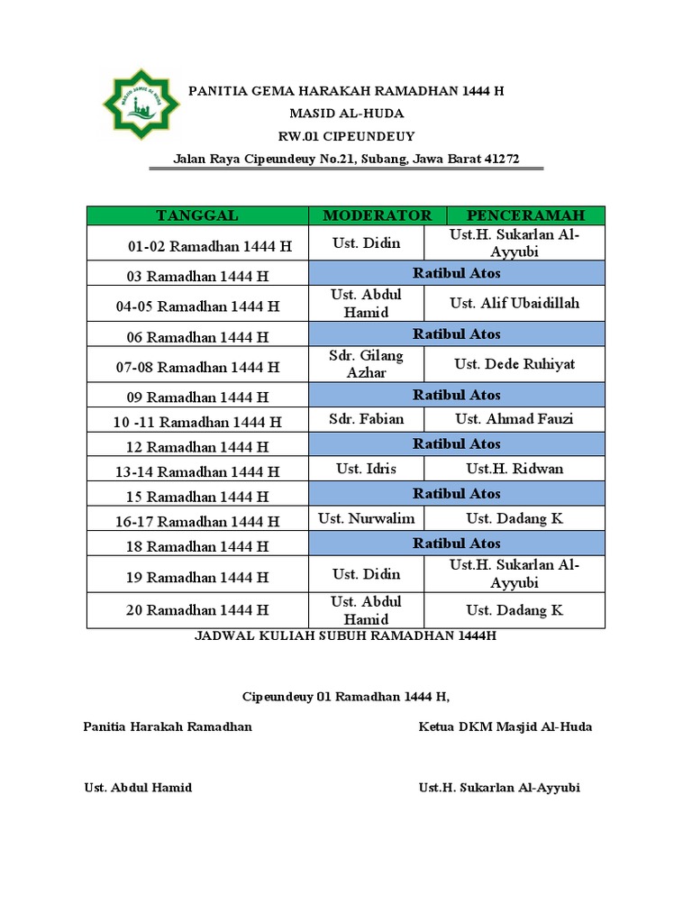 Jadwal Kuliah Subuh Ramadhan 1444 H | PDF