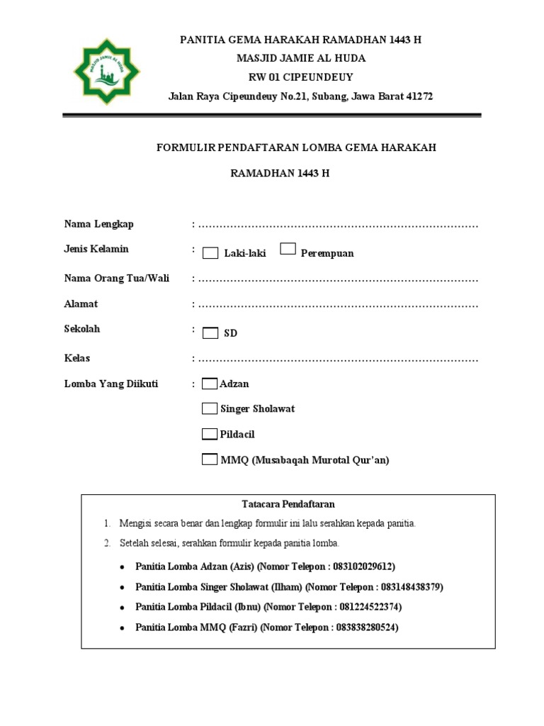 Formulir Pendaftaran Lomba | PDF