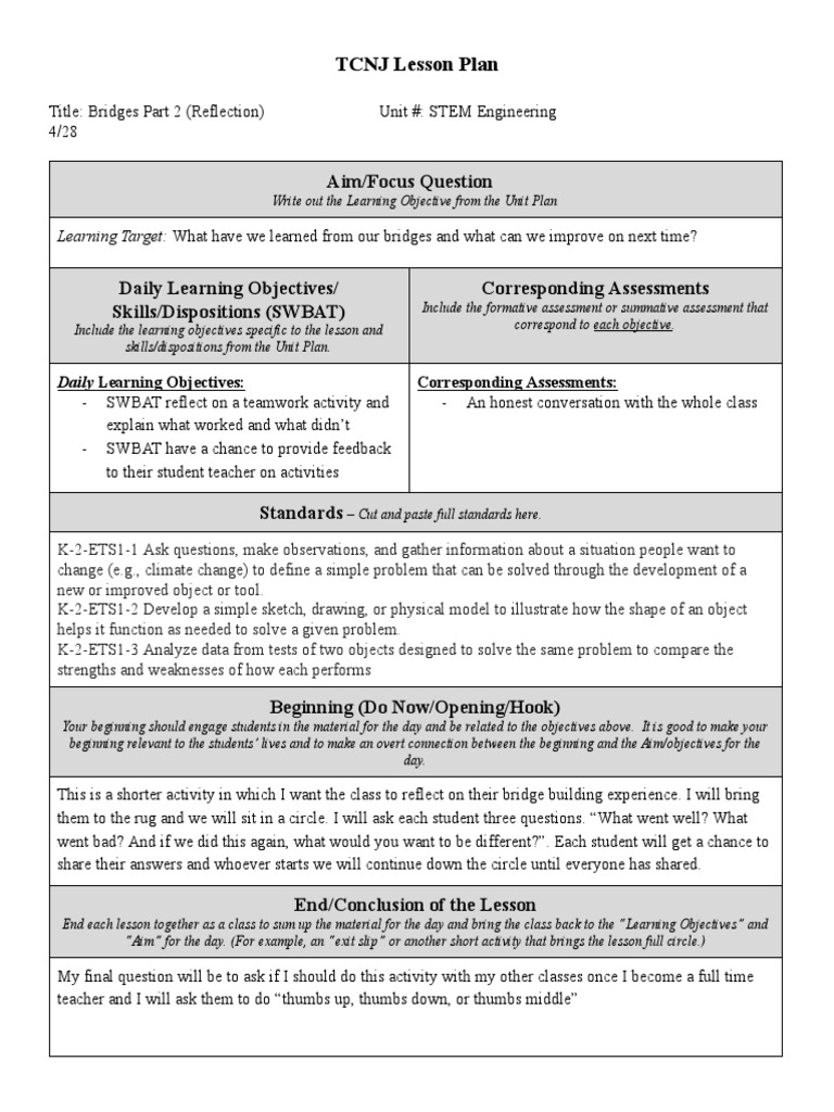 Reflecting on Bridge Building Lessons | PDF | Educational Assessment ...