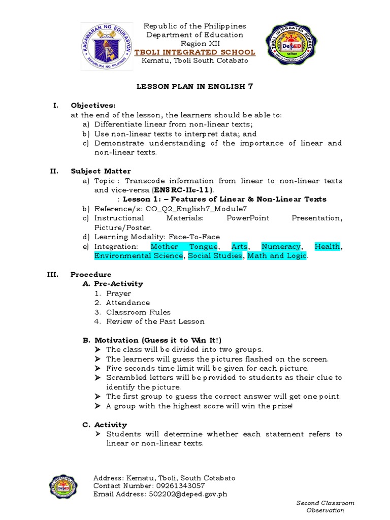 Second Quarter Lesson Plan in English 7 | PDF | Learning | Lesson Plan