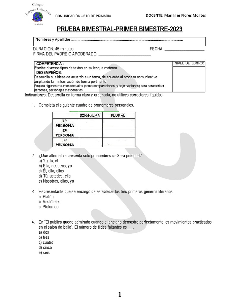 Examen Bimestral de Comunicación 6to Primaria | PDF