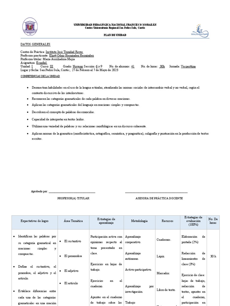 Plan de Unidad-9no | PDF | Gramática | Parte del discurso