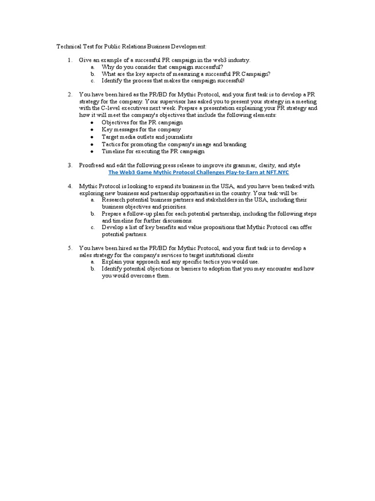 Technical Test For Public Relations Business Devel | PDF