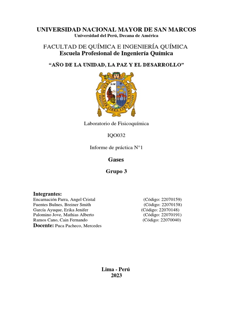 Informe N°1 Lab. Fisicoquímica | PDF | Gases | Densidad