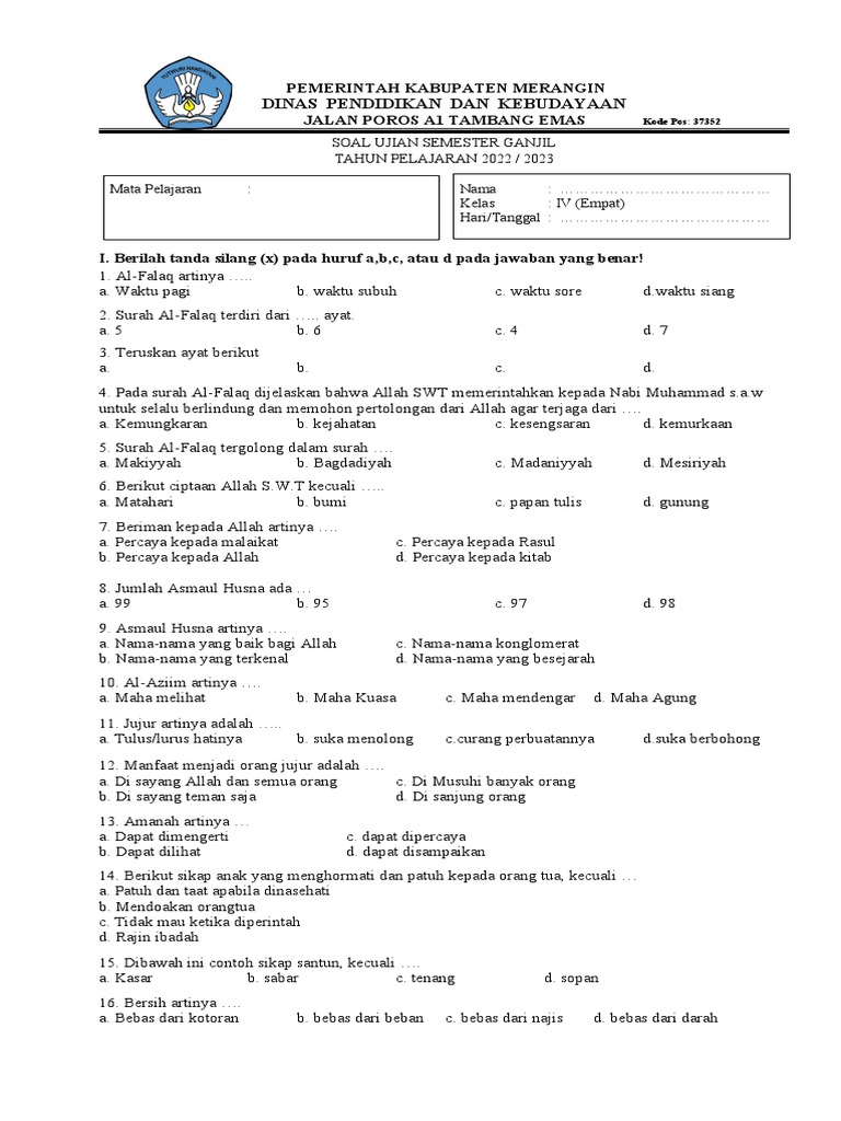 Soal Agama Kelas 4 Uas | PDF