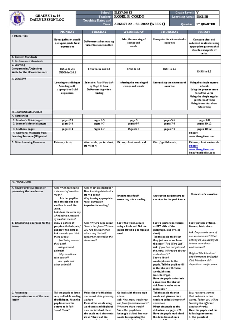 DLL - English 5 - Q1 - W1 | Download Free PDF | Word | Verb