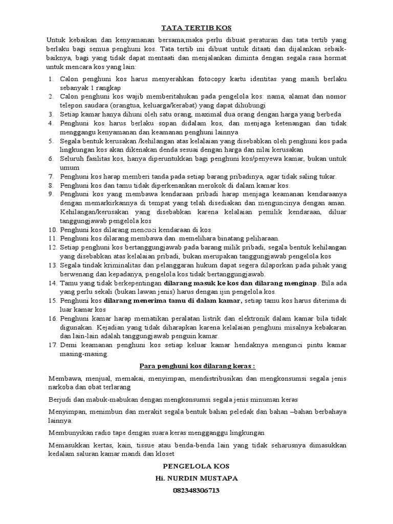 Tata Tertib Kos: Aturan dan Larangan | PDF