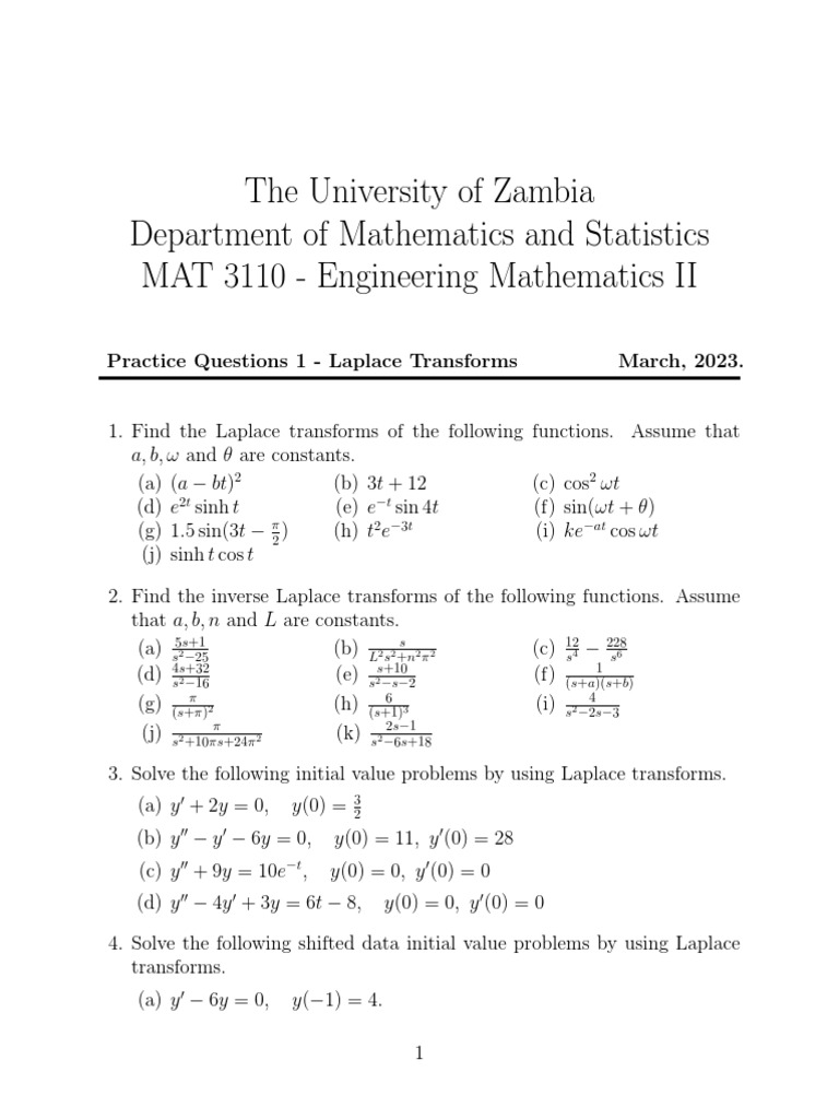Laplace Transforms Practice Sheet Pdf Pdf Laplace Transform