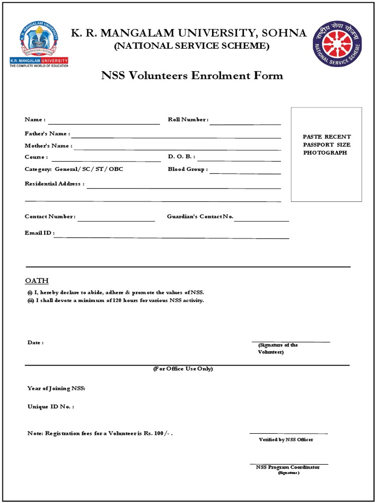 NSS Enrollment & Undertaking Form PDF | PDF