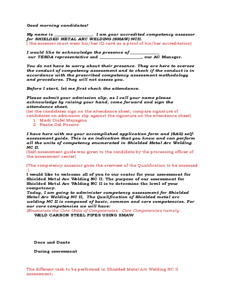 Assessor's Script | PDF | Welding | Construction